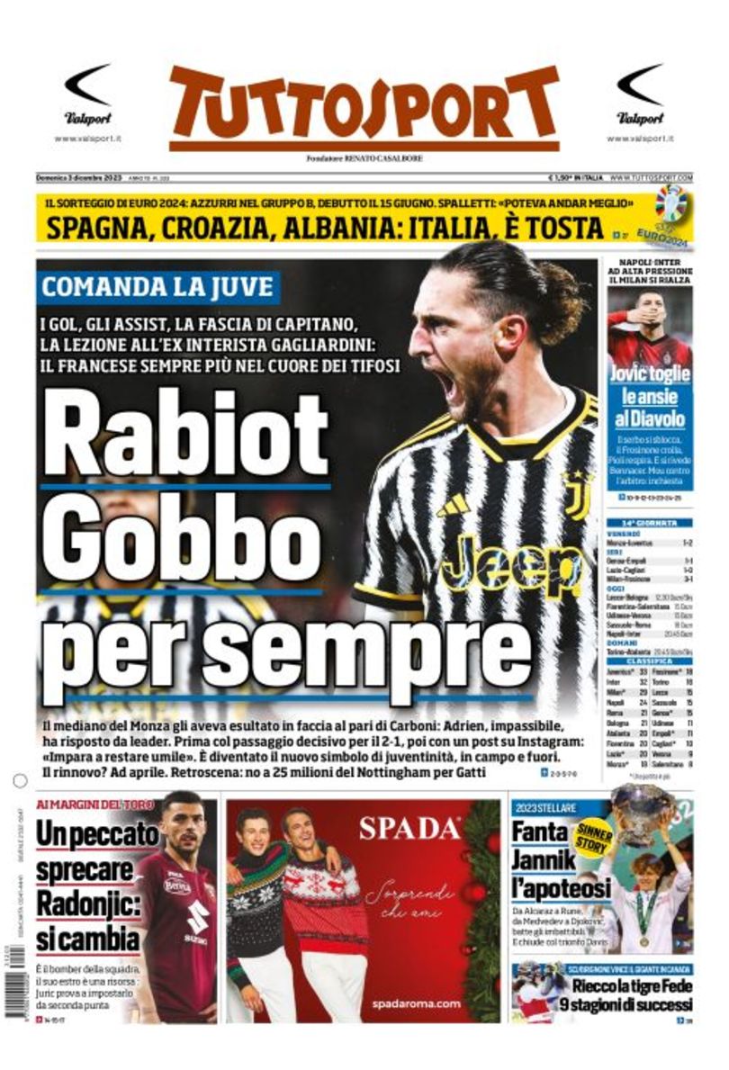 Rassegna stampa Juve: prime pagine quotidiani - 3 dicembre